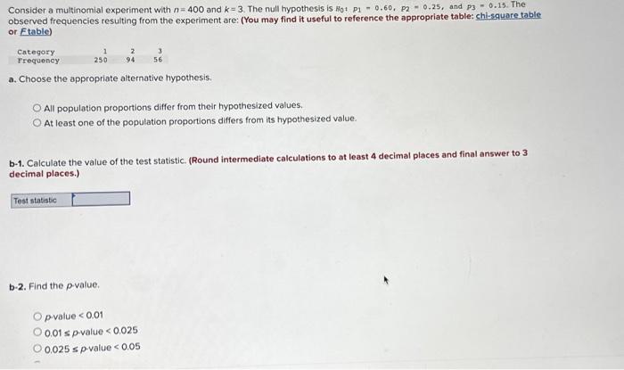 Solved Consider a multinomial experiment with n=400 and k=3. | Chegg.com