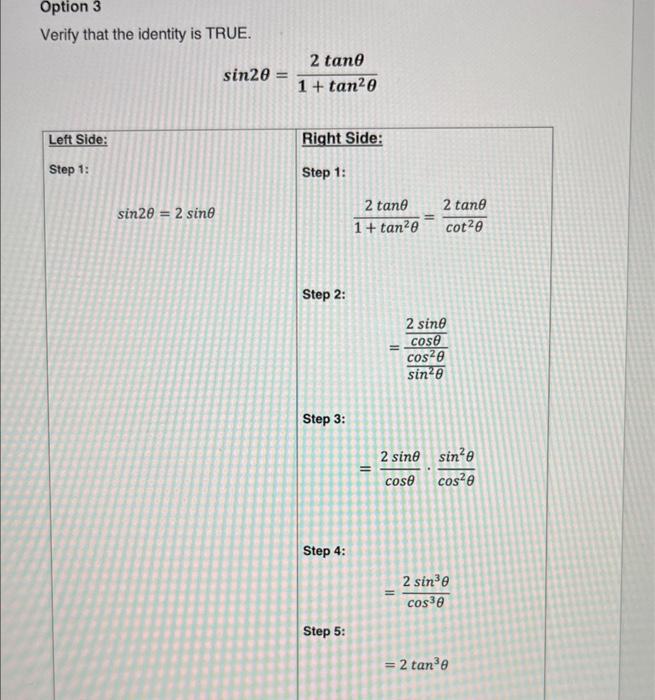 Verify that the identity is TRUE. sin2θ=1+tan2θ2tanθ | Chegg.com