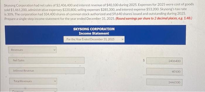 Solved Skysong Corporation had net sales of $2,406,400 and | Chegg.com