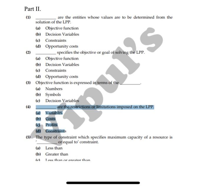 Solved PARTI: 1. Define surplus variables. 2. the ent | Chegg.com
