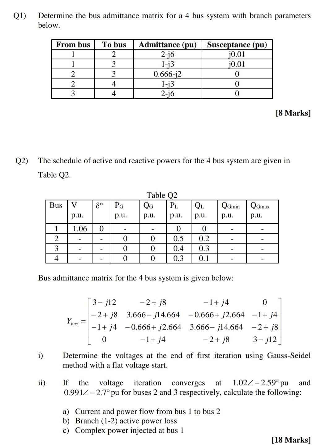 Solved Q1) Determine the bus admittance matrix for a 4 bus | Chegg.com