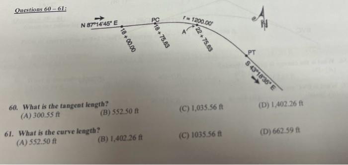 Solved 60. What is the tangent length? (A) 300.55ft (B) | Chegg.com