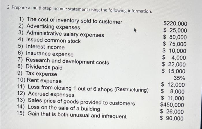 Solved 2. Prepare a multi-step income statement using the | Chegg.com