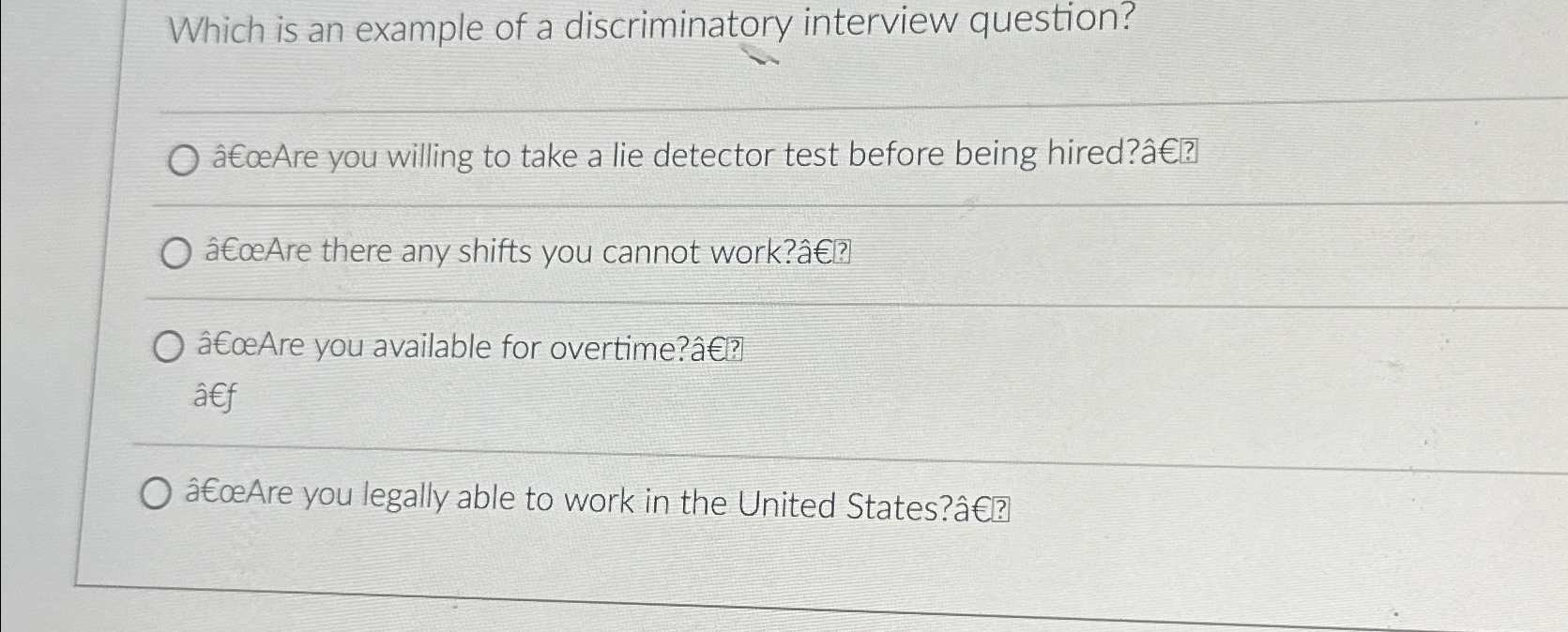 Solved Which is an example of a discriminatory interview | Chegg.com