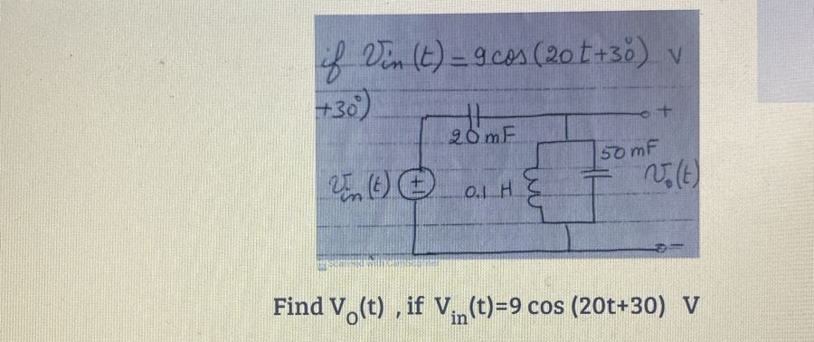 Solved Find Vo(t), ﻿if Vin (t)=9cos(20t+30)V | Chegg.com