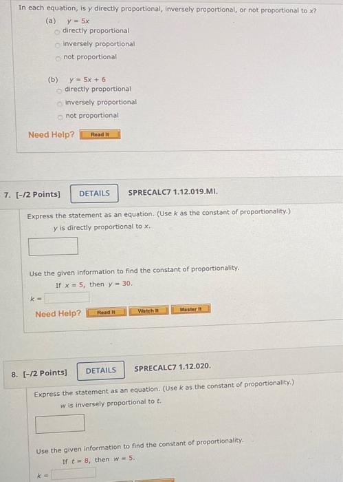 Solved In each equation, is y directly proportional, | Chegg.com