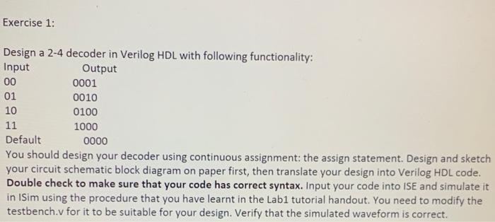 Exercise 1: Design a 2-4 decoder in Verilog HDL with | Chegg.com