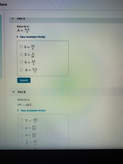 Solved tions Part A Solve for h: A= bxh 2 View Available | Chegg.com