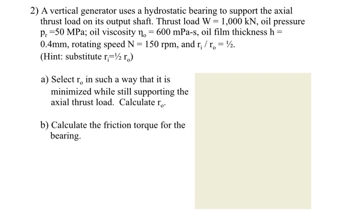 Solved 2) A vertical generator uses a hydrostatic bearing to | Chegg.com