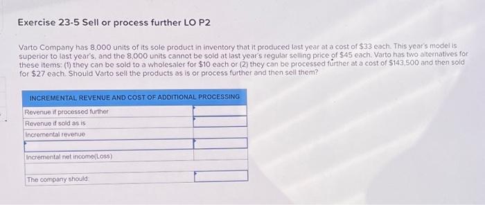 Solved Exercise 23-5 Sell or process further LO P2 Varto | Chegg.com