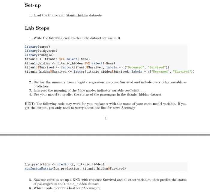 Solved 1. Load the titanic and titanic_hidden datasets Lab | Chegg.com