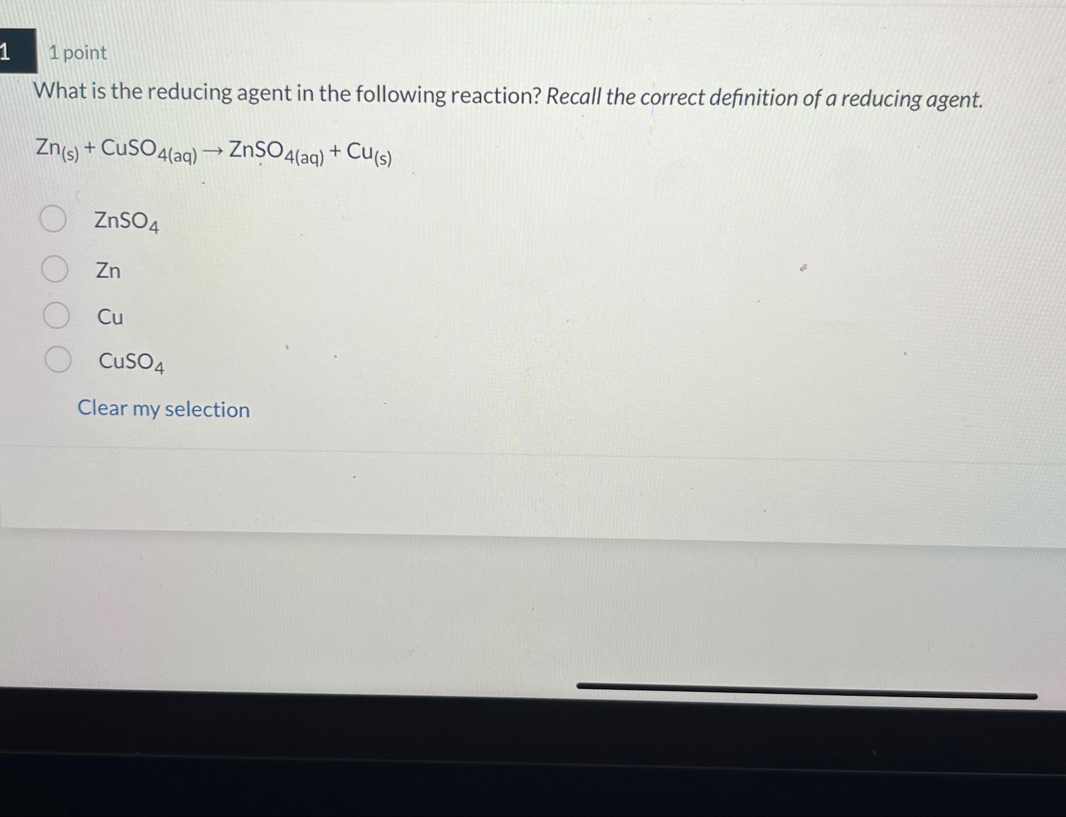 Solved 1 ﻿pointWhat is the reducing agent in the following | Chegg.com