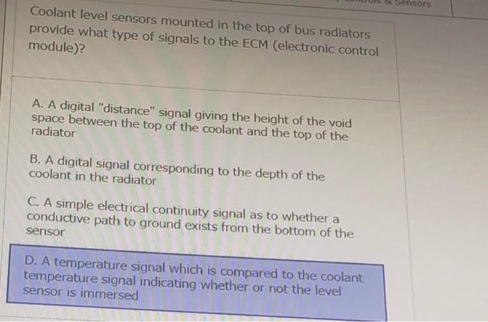 Coolant level sensors mounted in the top of bus | Chegg.com