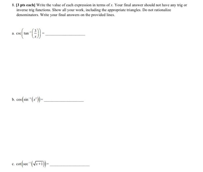 Solved 7. [3 pts each] Find the exact value of each | Chegg.com
