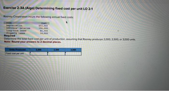 Solved Exercise 2-3A (Algo) Determining fixed cost per unit | Chegg.com
