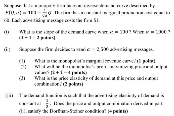 Solved Suppose that a monopoly firm faces an inverse demand | Chegg.com