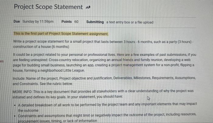 Solved This is the first part of Project Scope Statement | Chegg.com