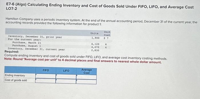 Solved E7.6 (Algo) Calculating Ending Inventory and Cost of | Chegg.com