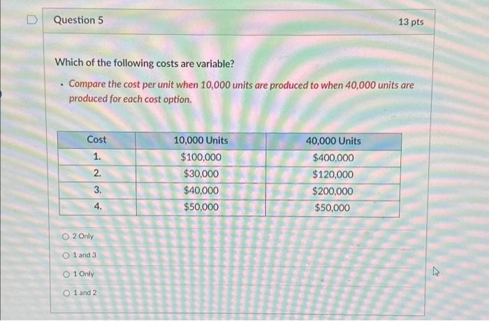 Solved Question 5 Which of the following costs are variable? | Chegg.com