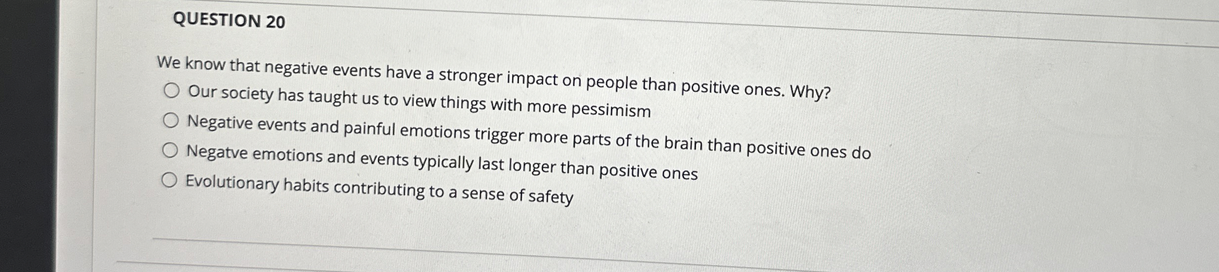 Solved QUESTION 20We know that negative events have a | Chegg.com