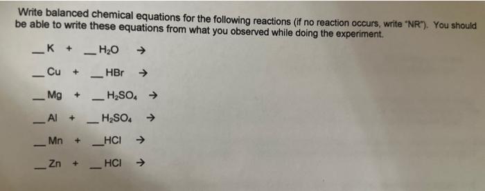 Solved Write balanced chemical equations for the following | Chegg.com