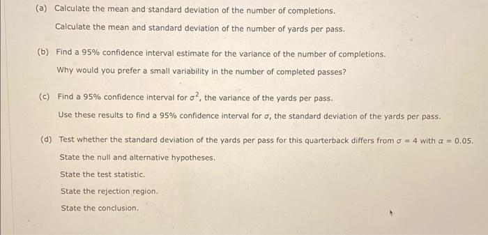 Solved The number of passes completed and the total number | Chegg.com