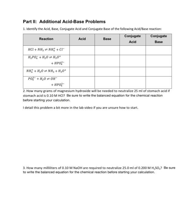 Solved Part II: Additional Acid-Base Problems 1. Identify | Chegg.com