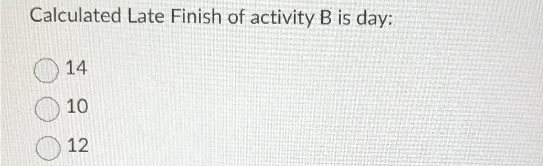 Solved Calculated Late Finish of activity B ﻿is day:141012 | Chegg.com