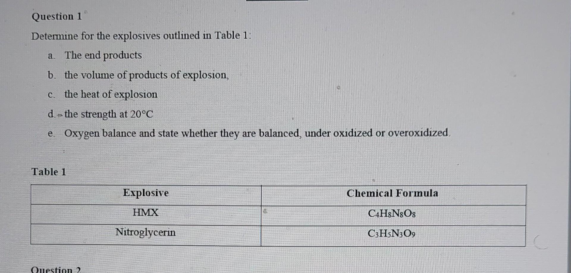 Solved Determine for the explosives outlined in Table 1: a. | Chegg.com