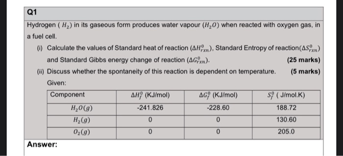 Solved Q1 Hydrogen (H2) in its gaseous form produces water | Chegg.com