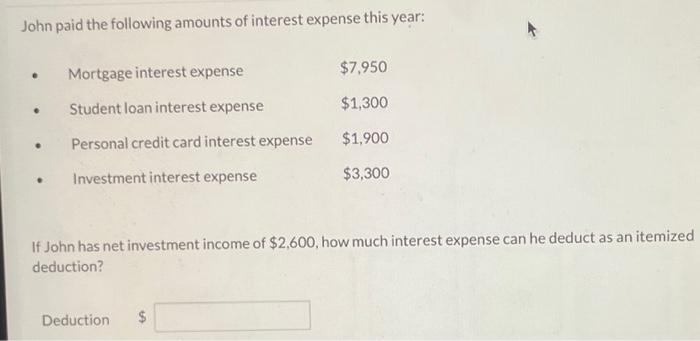 Solved John paid the following amounts of interest expense | Chegg.com