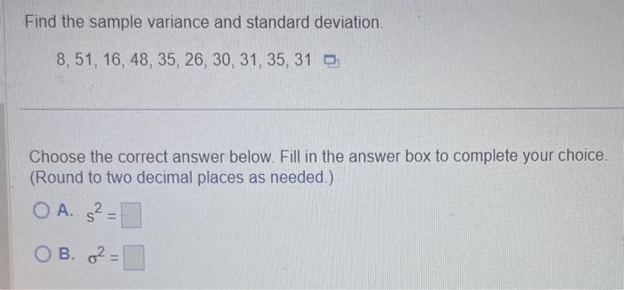 Solved Find the sample variance and standard deviation. | Chegg.com