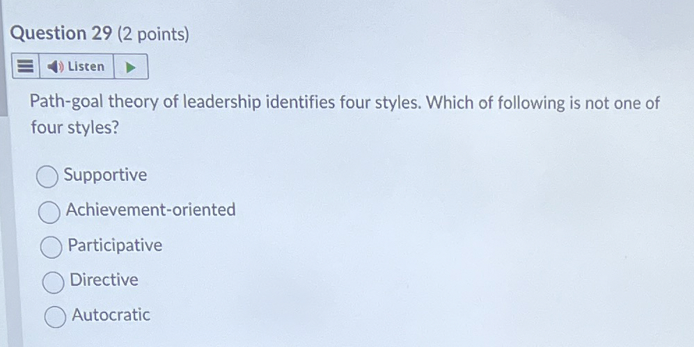 Solved Question 29 (2 ﻿points)Path-goal theory of leadership | Chegg.com