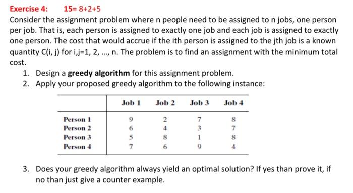 Solved Exercise 4: 15=8+2+5 Consider the assignment problem | Chegg.com