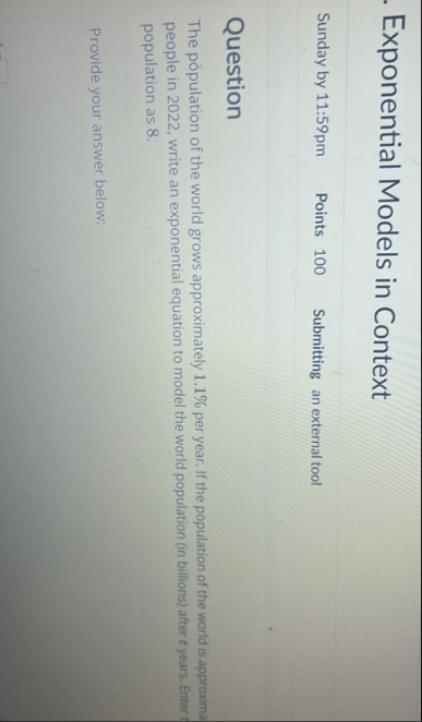 Solved Exponential Models in ContextSunday by 11:59pmPoints | Chegg.com