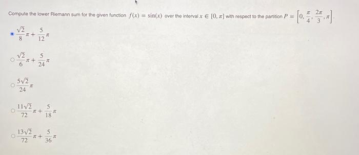 Solved Compute the lower Riemann sum for the given function | Chegg.com