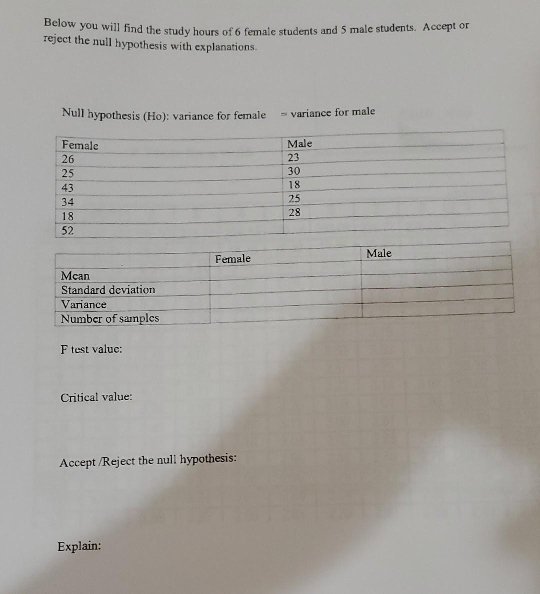 Solved Below you will find the study hours of 6 female | Chegg.com