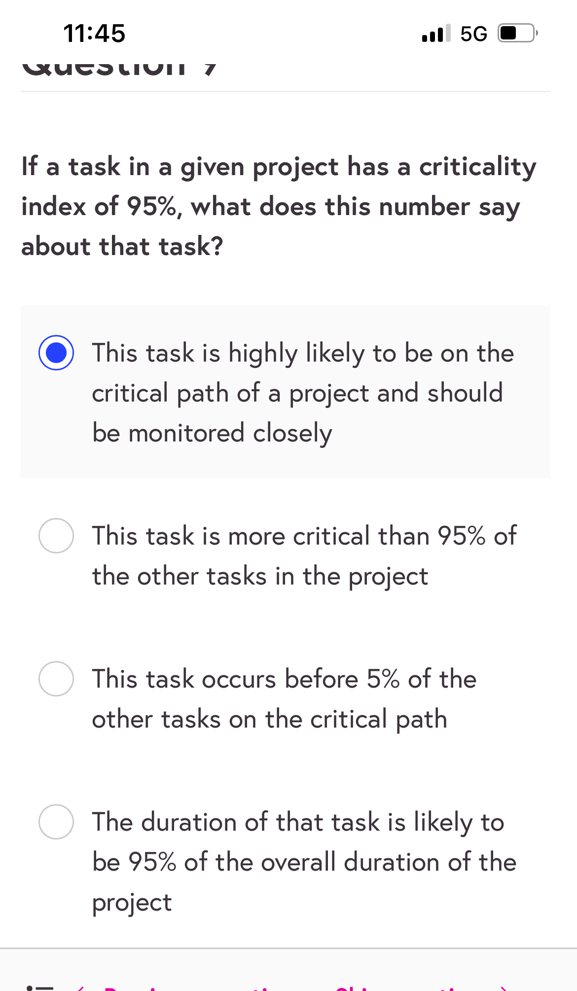 Solved 11:455GIf a task in a given project has a criticality | Chegg.com