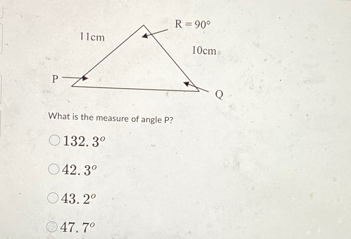 Solved What is the measure of angle P?132.3°42.3°43. 2o47.7° | Chegg.com