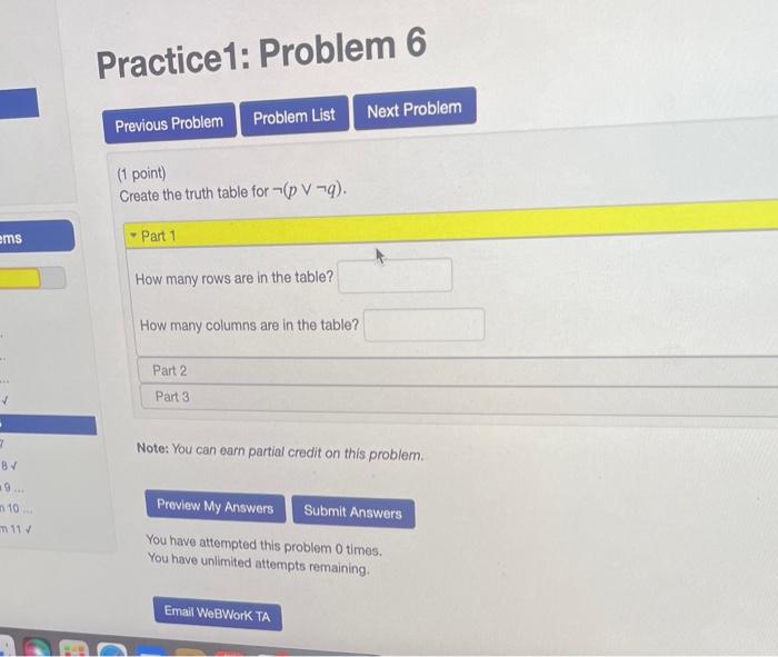 Solved (1 point) Create the truth table for ¬(p∨¬q). Part 1 | Chegg.com