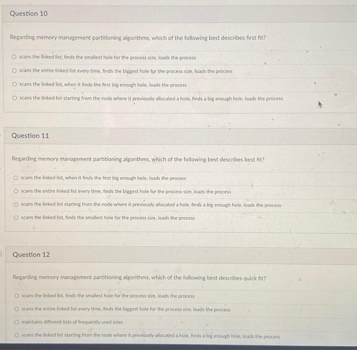 Solved Question 10 Regarding memory management partitioning | Chegg.com