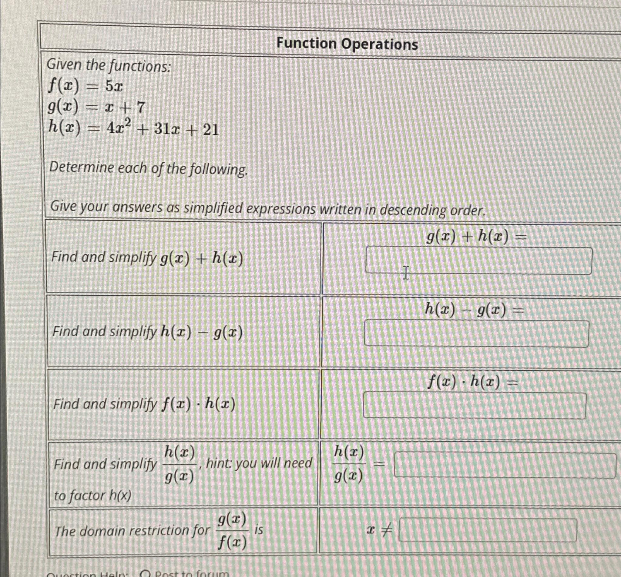 Solved Function OperationsGiven the | Chegg.com