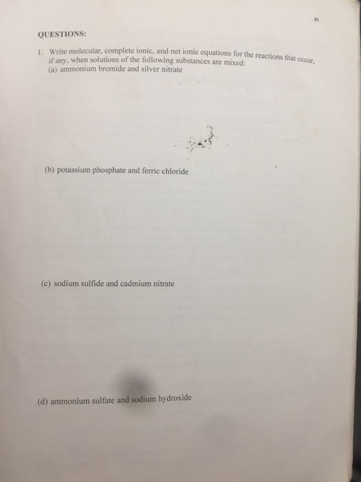 Solved 1. Write molecular, complete ionic, and net jonic | Chegg.com