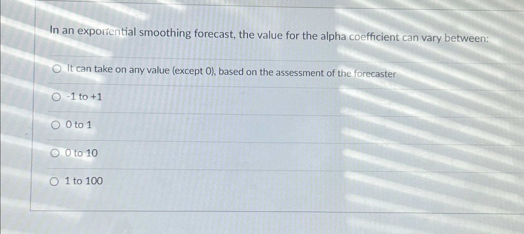Solved In an exporiential smoothing forecast, the value for | Chegg.com