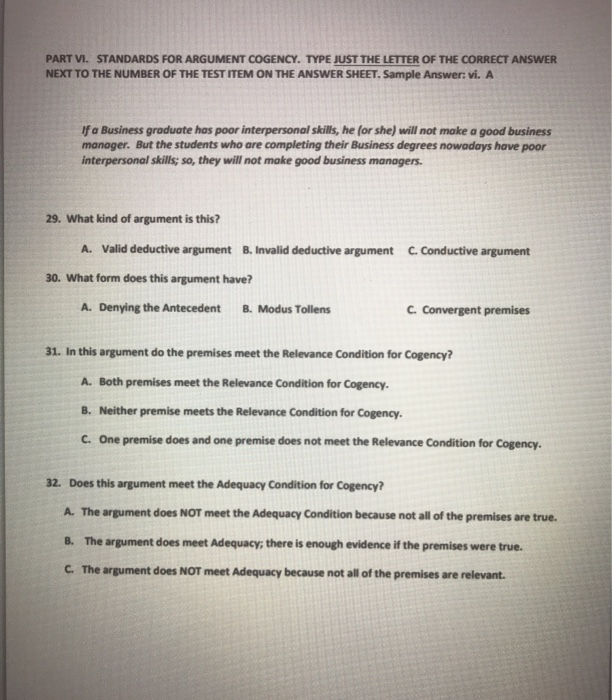 Solved PART VI. STANDARDS FOR ARGUMENT COGENCY. TYPE JUST | Chegg.com