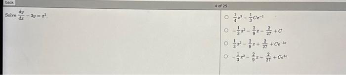 Solved \begin{tabular}{l|c} dxdy−3y=x2. & 41x3−31Cx−1 \\ & | Chegg.com