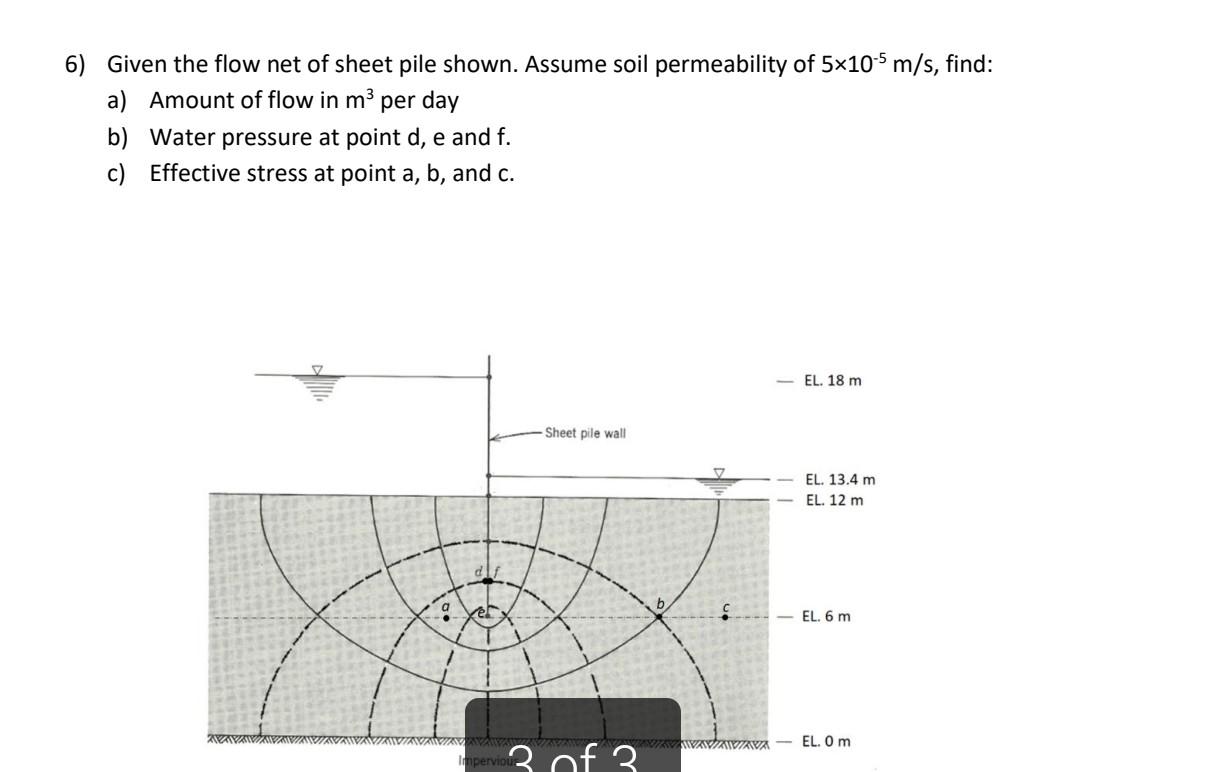Solved 6) Given the flow net of sheet pile shown. Assume | Chegg.com