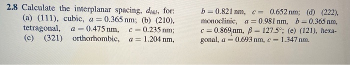 Solved 2.8 Calculate the interplanar spacing, dakl, for: (a) | Chegg.com