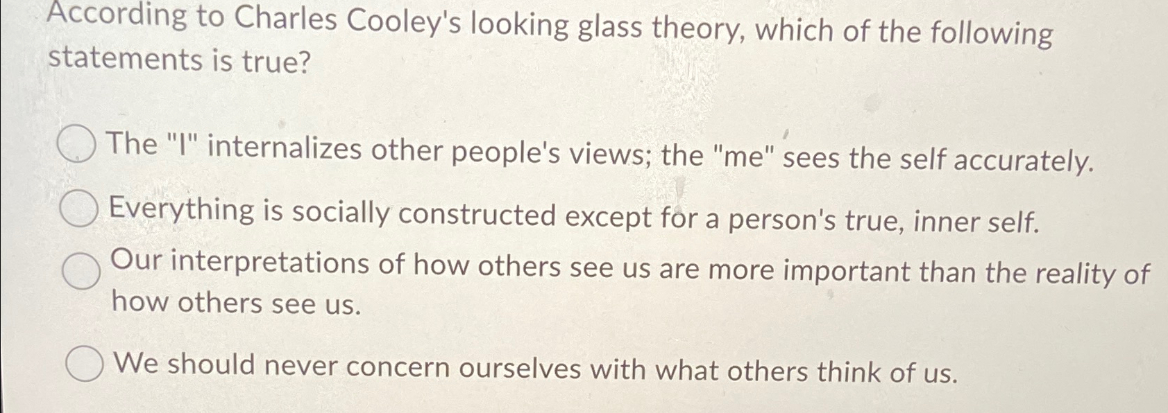 According to Charles Cooley's looking glass theory, | Chegg.com