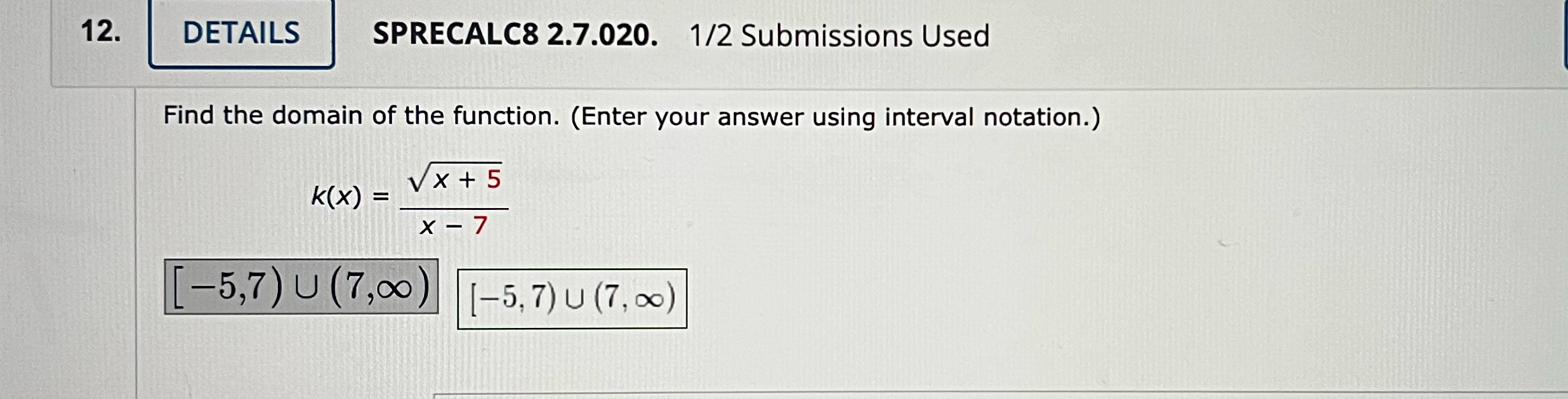 Solved SPRECALC8 2.7.020. 1/2 ﻿Submissions UsedFind the | Chegg.com